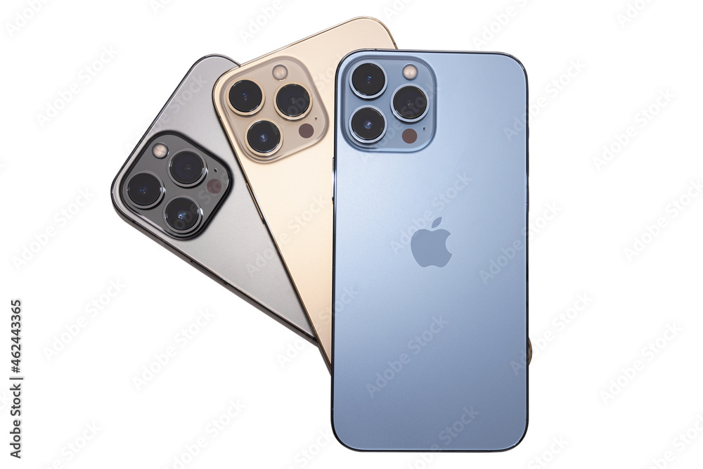 Isolate view of the new iPhone 13 Pro Max Sierra Blue Gold and Graphite ...