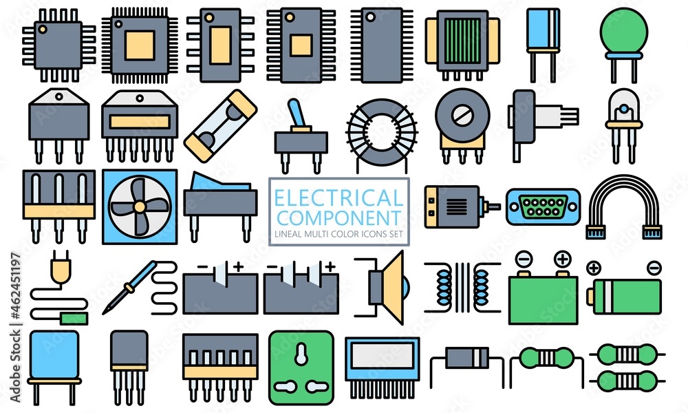 Electronic lineal icons set. chipset symbols, resistors, capacitors ...