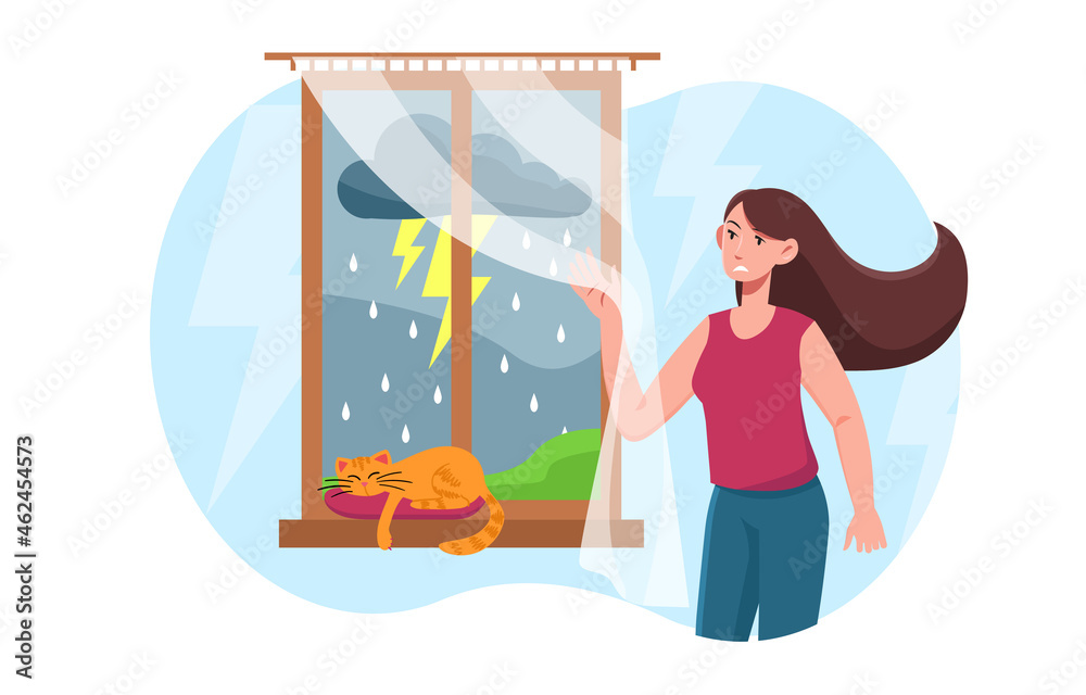 Thunder and lightning outside window concept. Woman in apartment afraid ...