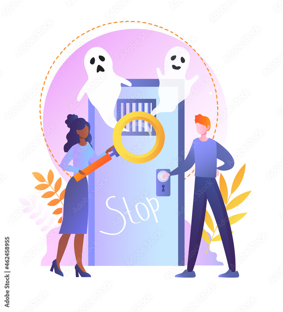 Escape room concept. Friends get out of trap with ghosts and think ...