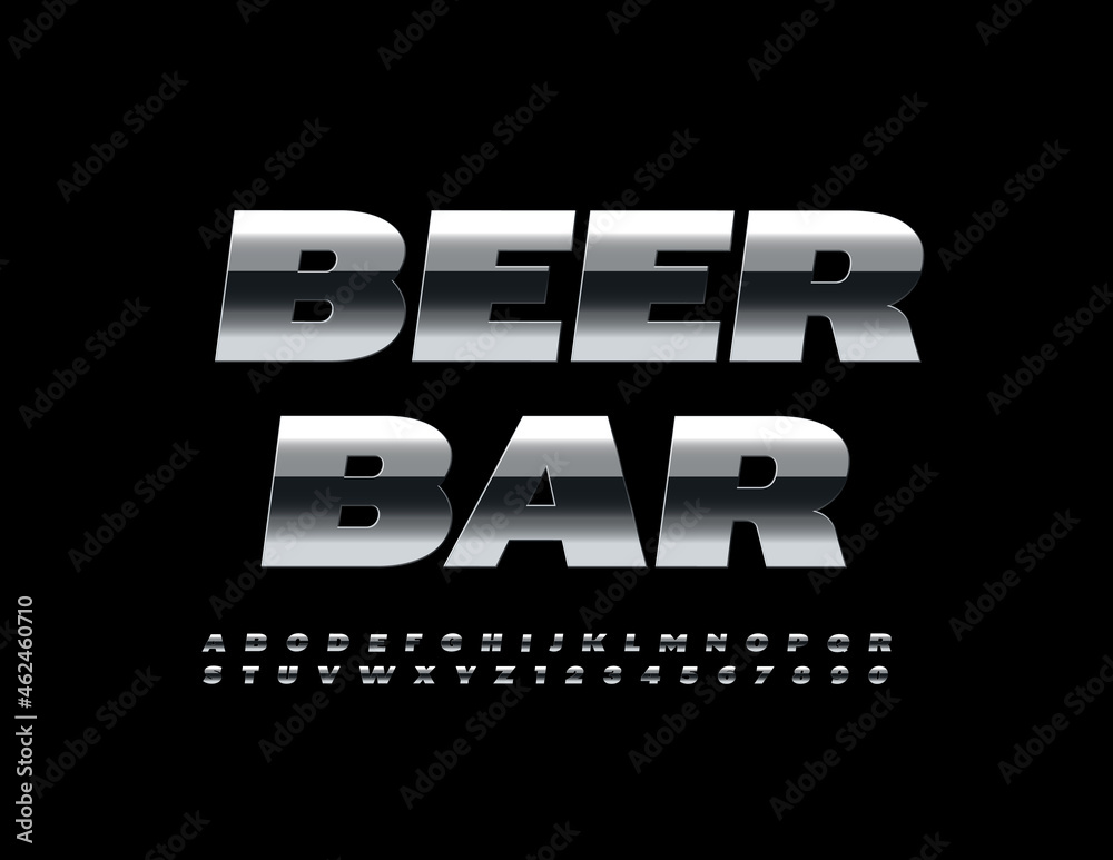Vector modern banner Beer Bar. Metallic shiny Font. Silver Alphabet ...