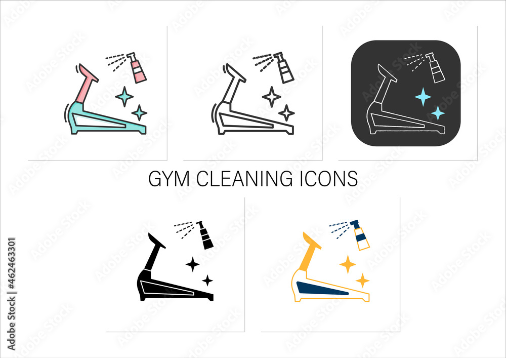 Gym disinfection icons set. Simulators and sport equipment sanitizing ...