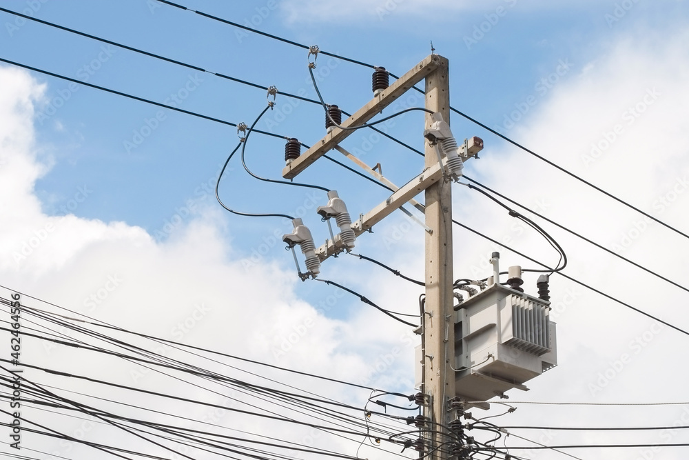 High voltage cement electric pole with drop fuse and transformer with ...