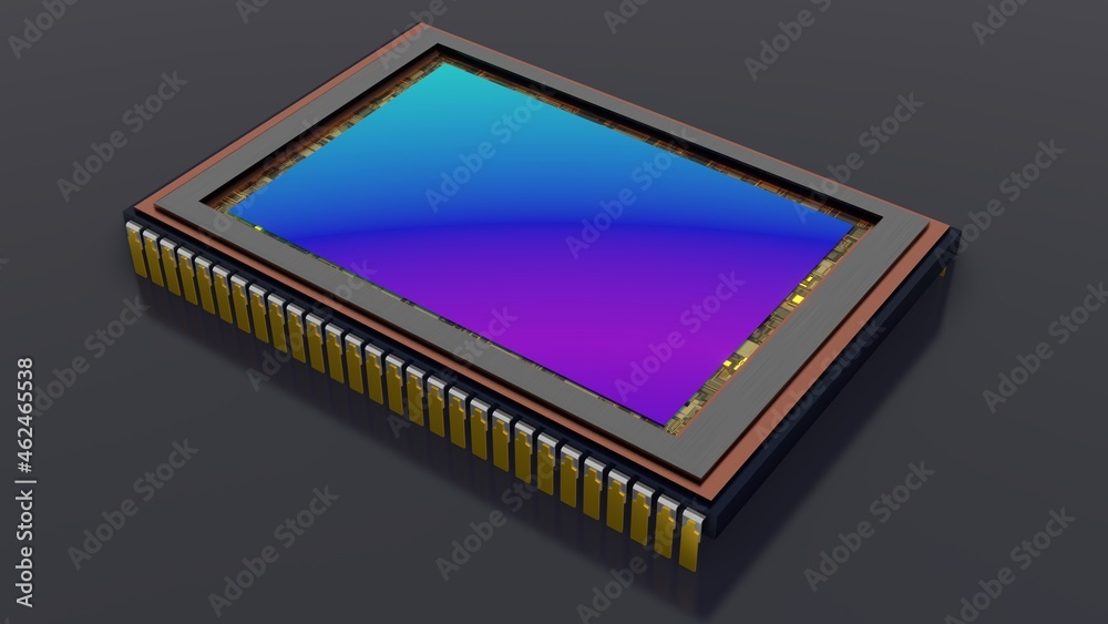 Sensor of modern digital camera. top side view, iridescent matrix ...