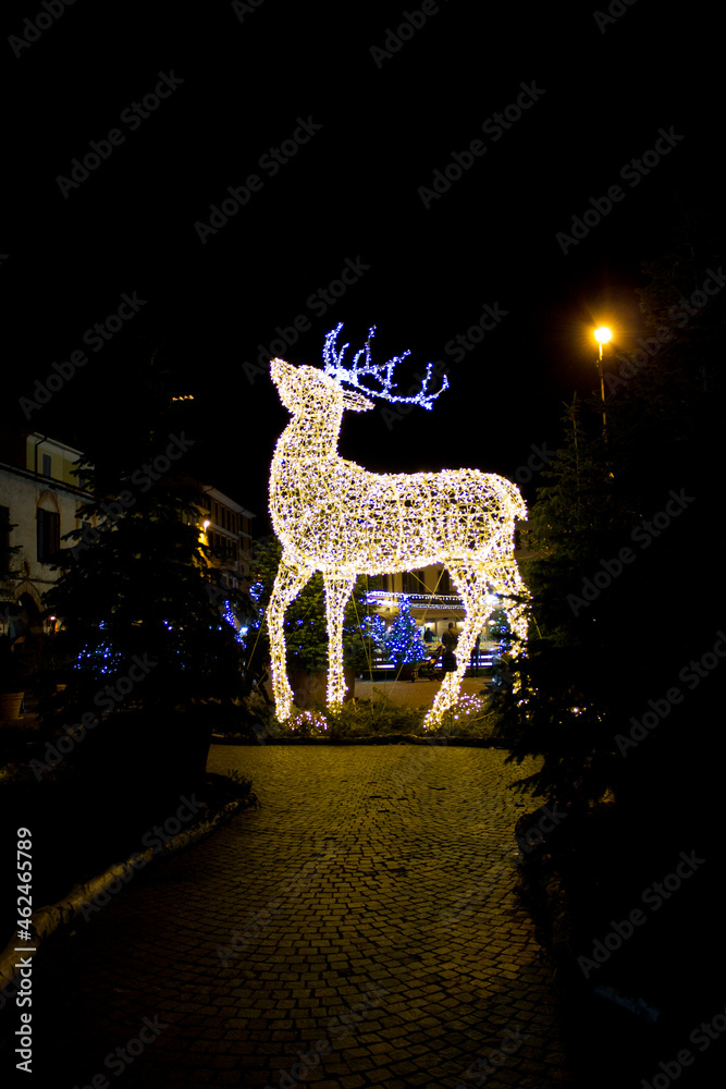 Christmas installation in the shape of a reindeer, blurred with sharp ...