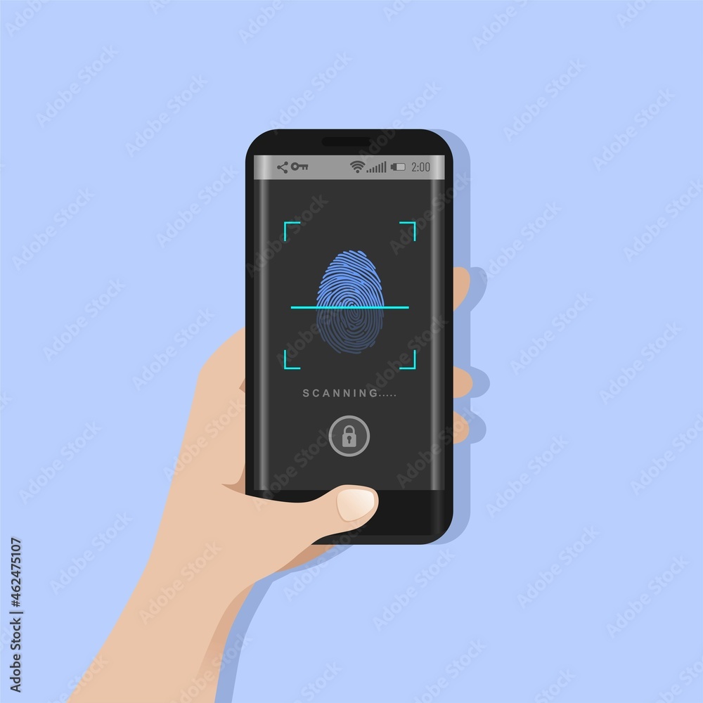 Smartphone security unlocked via fingerprint or thumbprint button, password notification vector ...