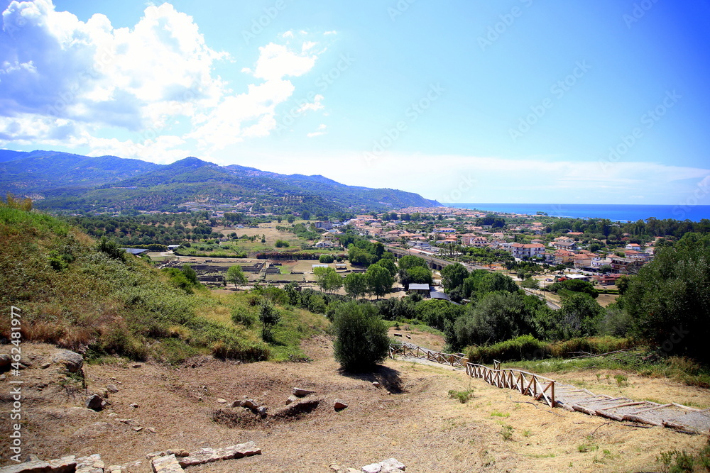 Panorama with sea and mountains of the city of Ascea, view from the ...