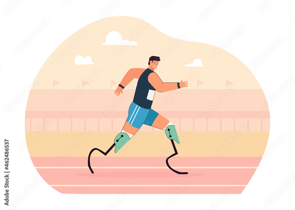 Runner with prosthetic legs jogging on sport track. Handicapped man ...