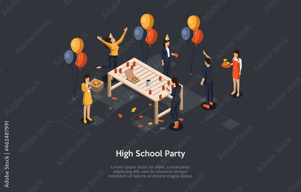 High School Party Concept Illustration. Isometric Vector Composition ...