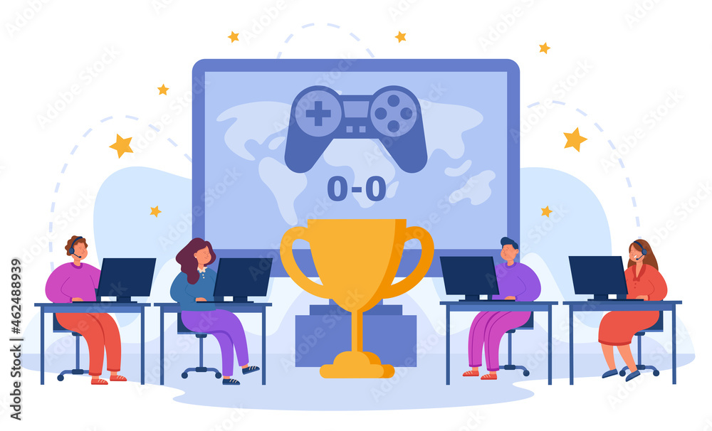 Girls and boys competing in esports for the cup using PC. Winning cup ...