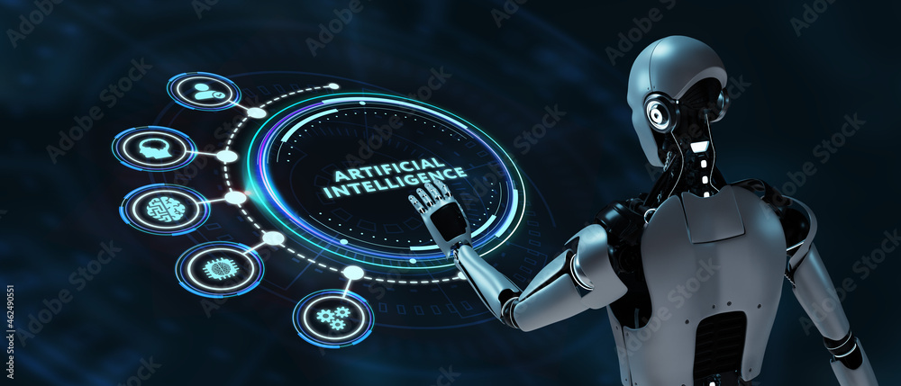 Artificial intelligence (AI), machine learning and modern computer technologies concepts. Robot ...