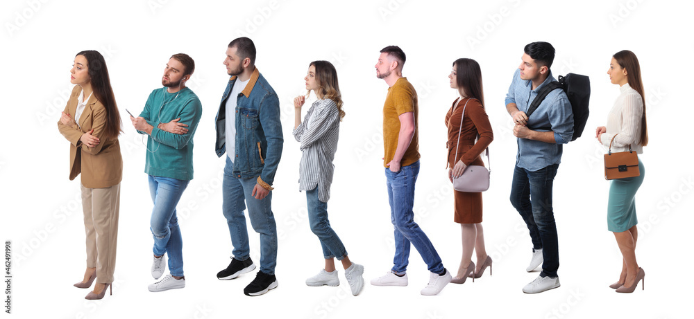 People waiting in queue on white background. Banner design Stock Photo ...