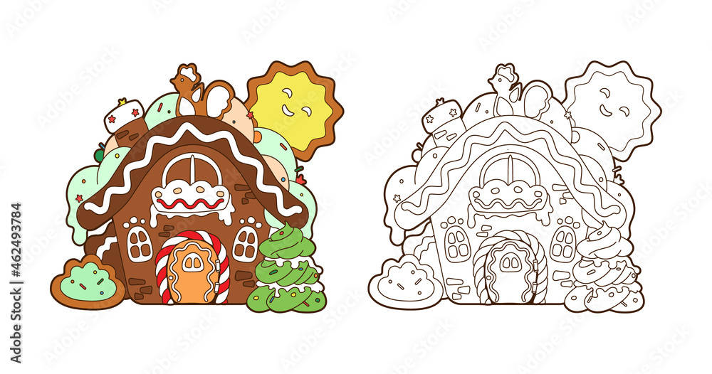 Coloring page with gingerbread house, Christmas candies and new year ...