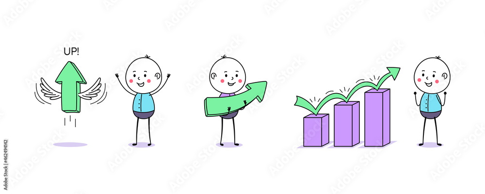 Growth chart and upward arrow movement. Cartoon doodle man, cute people ...