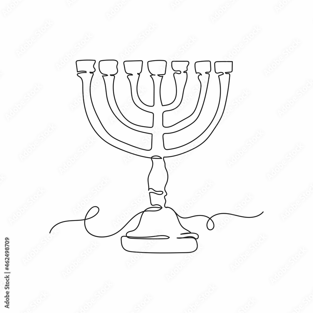 Continuous one line drawing of menorah stands in silhouette on a white ...