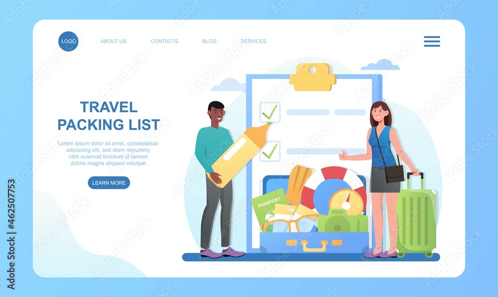 Travel cheklist concept. Man with pencil and girl checking things ...