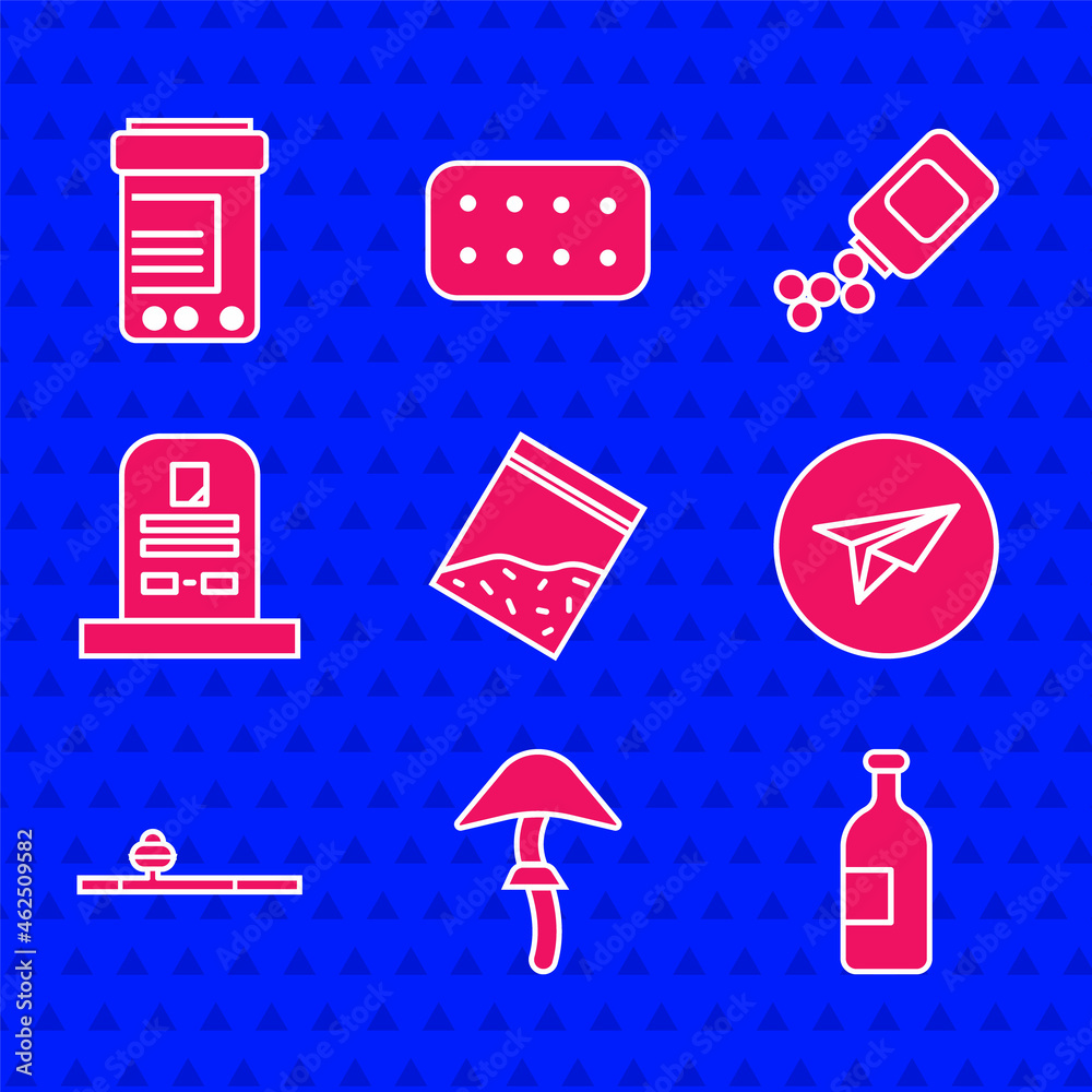 Set Plastic bag of drug, Psilocybin mushroom, Alcohol drink bottle ...