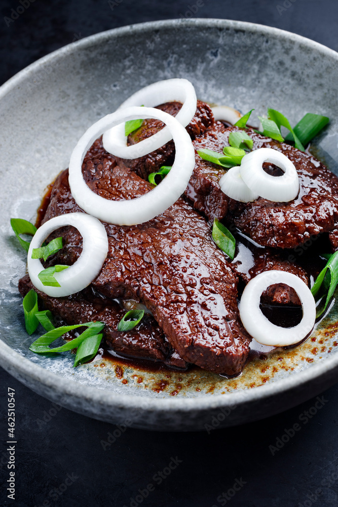 Modern style traditional Cuban dry aged angus bistec encebollado steak ...