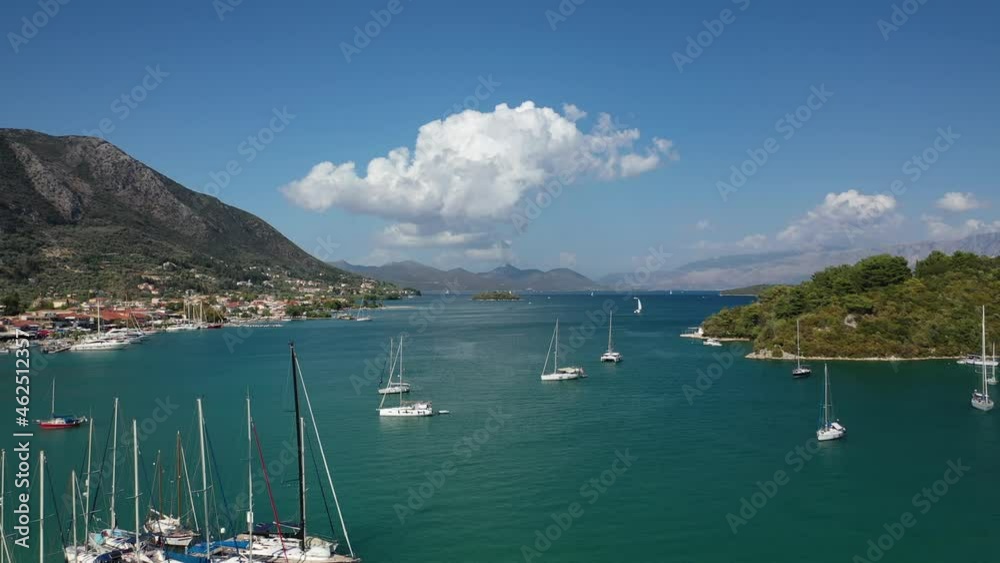 Aerial drone video of iconic port of Nidri or Nydri a safe harbour for ...