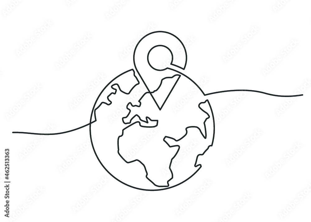 Continuous line drawing of globe with point location. Vector ...