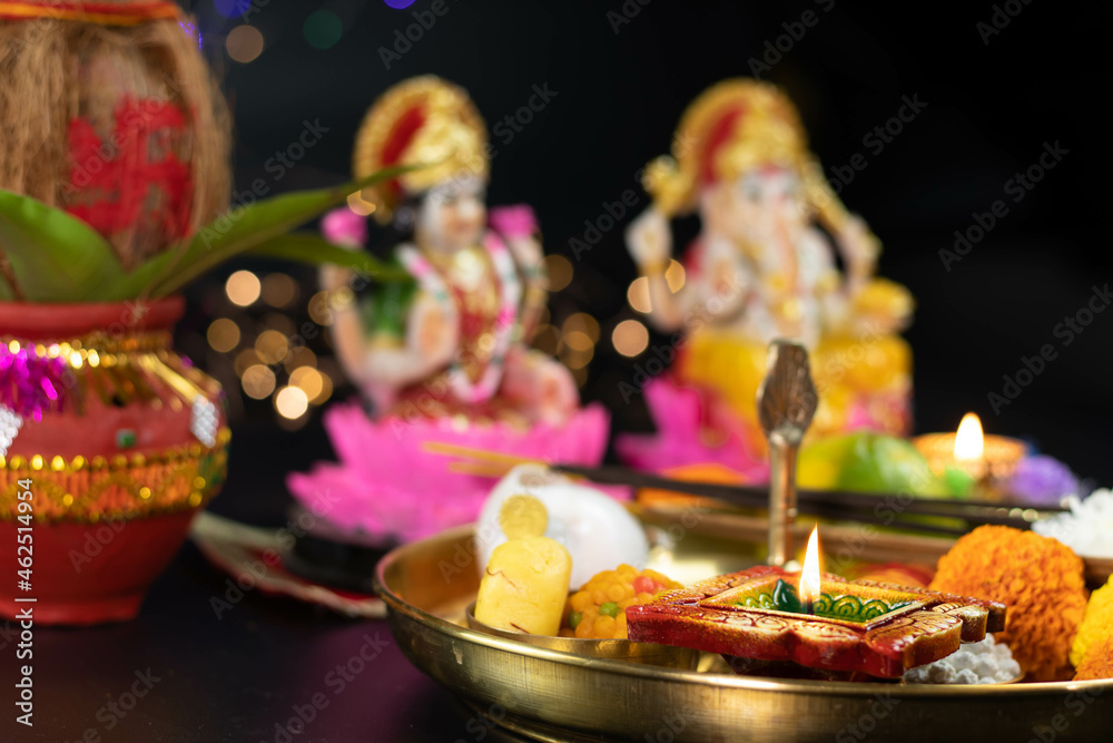 Clay Diya Deep Dia Lamp Lit in Pooja Thali With Flowers, Mithai ...