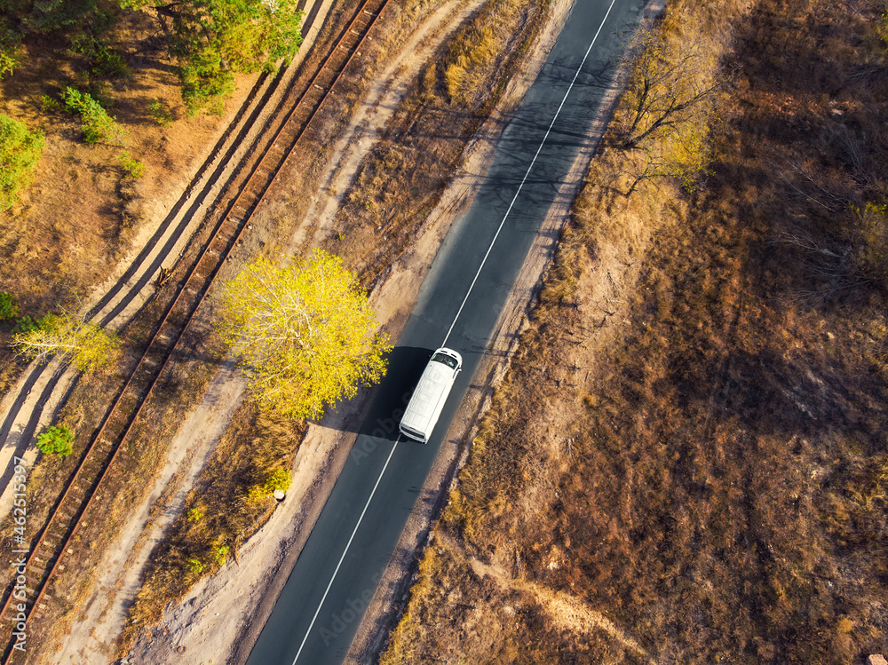 Aerial top view white modern delivery small shipment cargo courier van ...