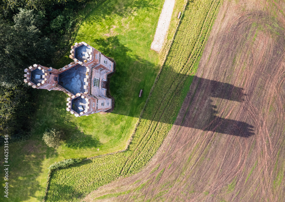 The Belvedere Tower over Powderham Park from a drone, Powderham Castle ...