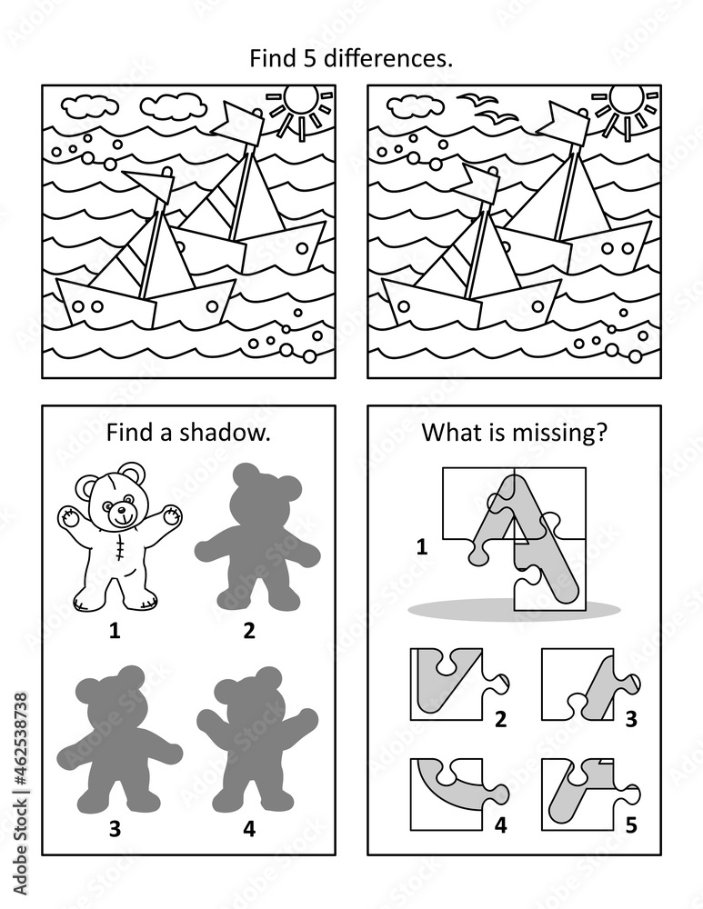 Puzzle page with 3 visual puzzles or picture riddles. Shadow game ...