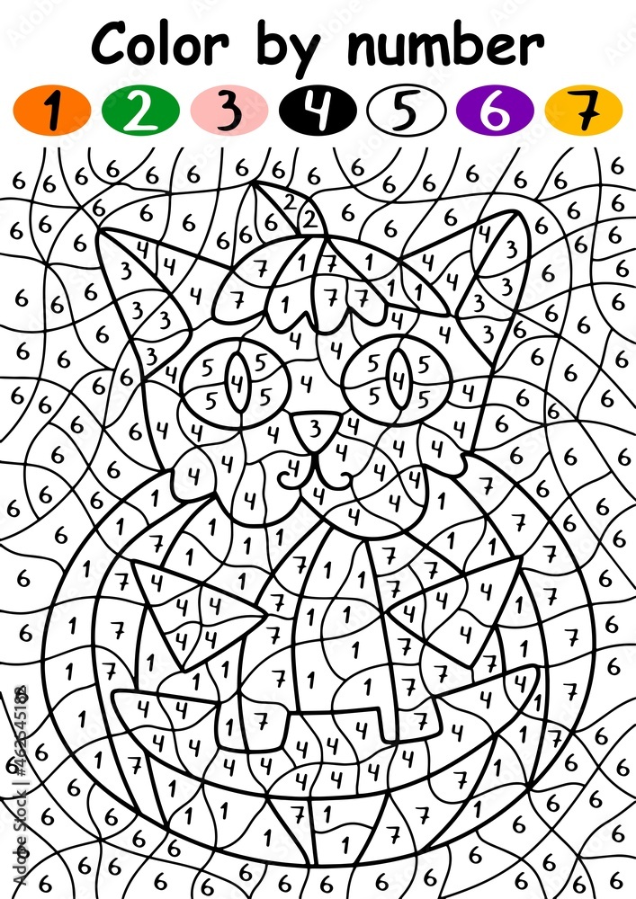 Cute cat in Halloween pumpkin color by number vector illustration ...