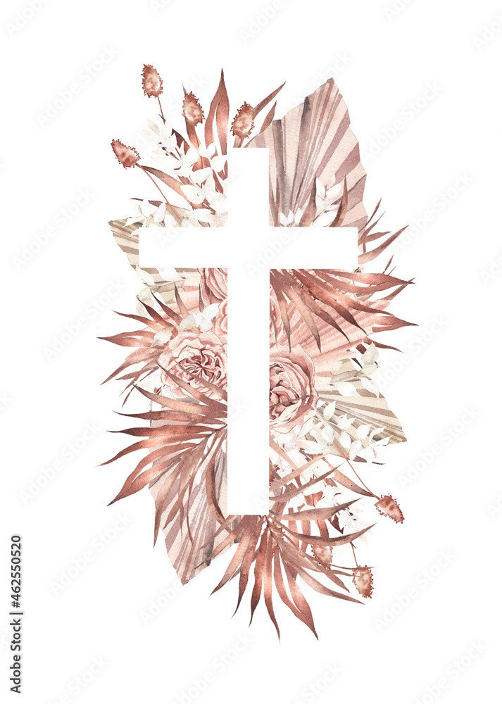 boho watercolor cross with dry eucalyptus and tropical flowers on a ...