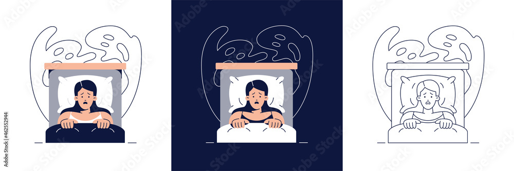 Nightmare disorder illustration set. Scared woman is waking up from a ...