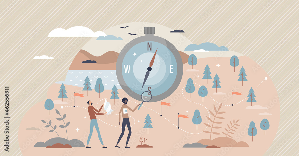 Orienteering sport with control point searching from map tiny person ...