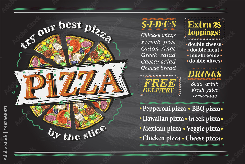 Pizza menu list chalkboard vector mockup with place for text and pizza ...