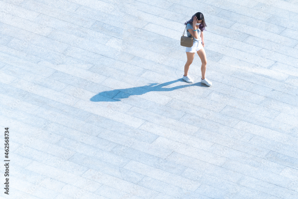 top aerial view woman people with face mask walk on across pedestrian ...