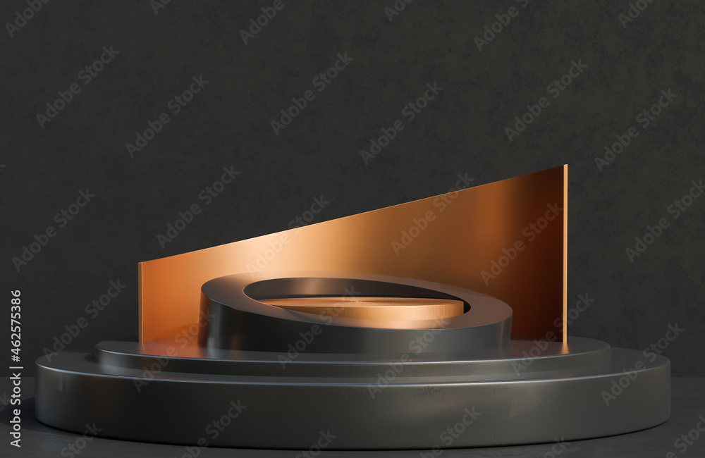 Copper circle podium for product presentation on black concrete wall ...