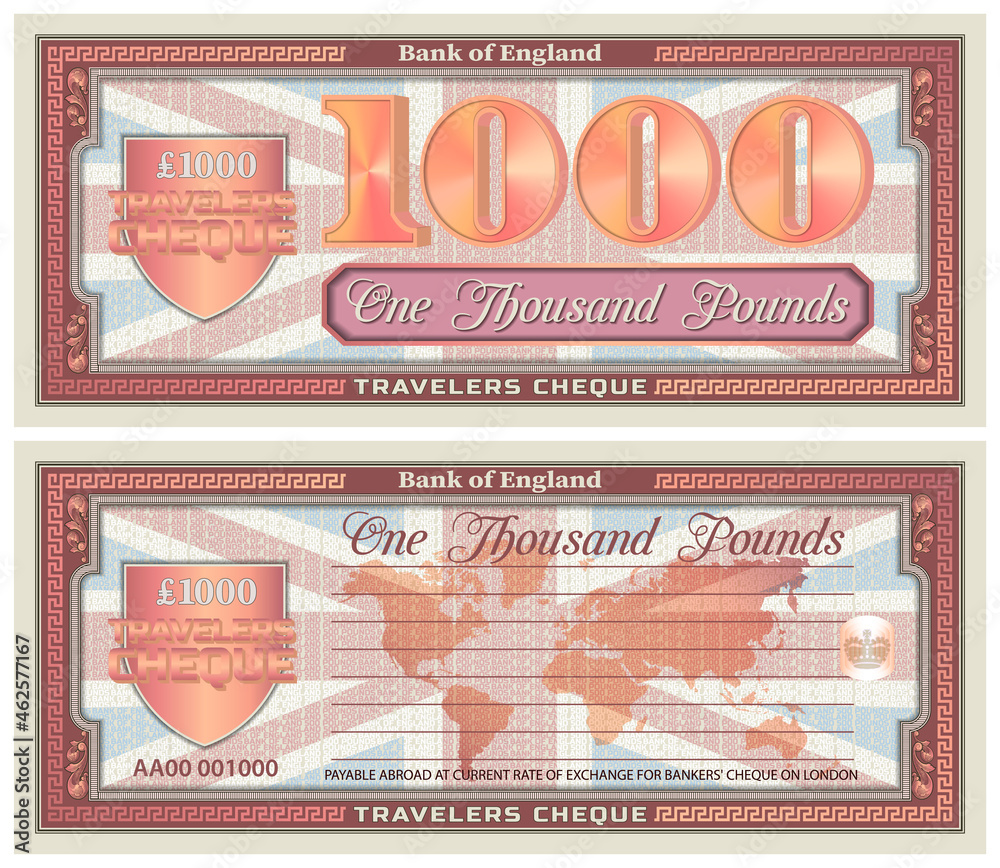 Vetor de A cheque for one thousand pounds. Obverse and reverse of a ...