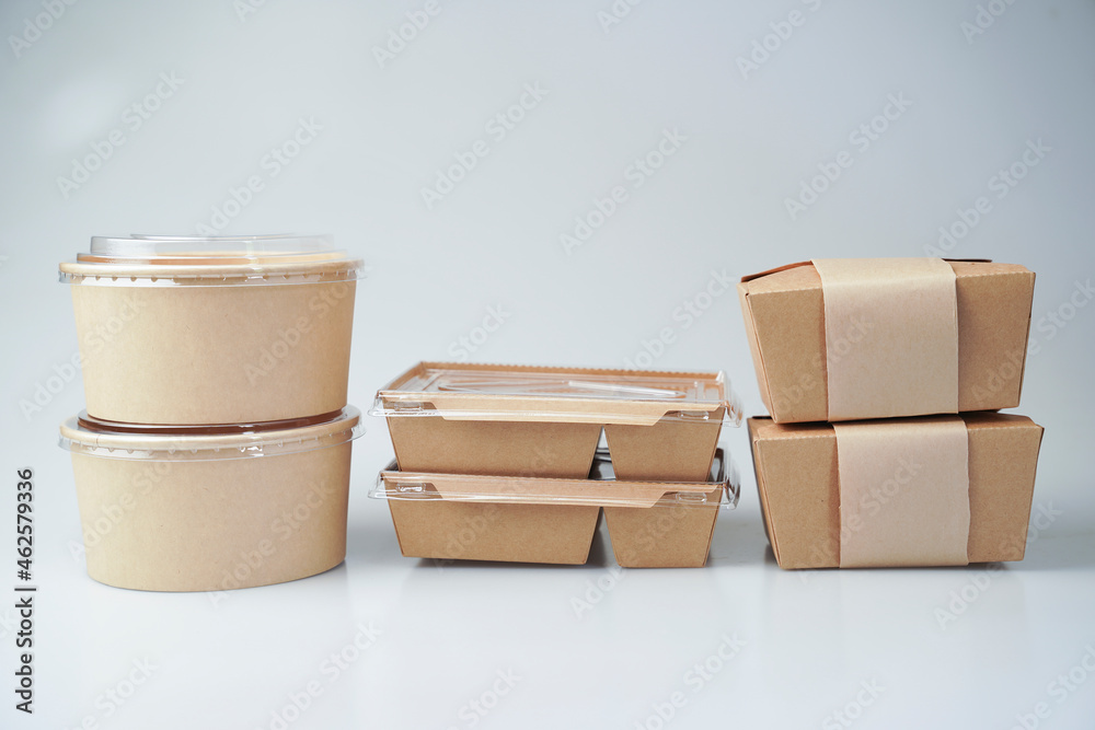 Stacking of empty craft paper disposable food boxes mock-up on white ...