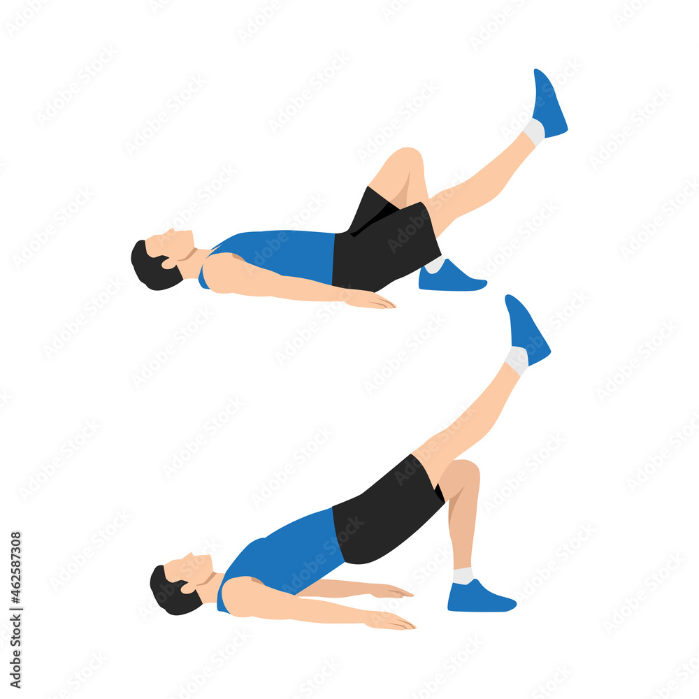 Man doing Single leg glute bridge, arm workout exercise. Flat vector ...
