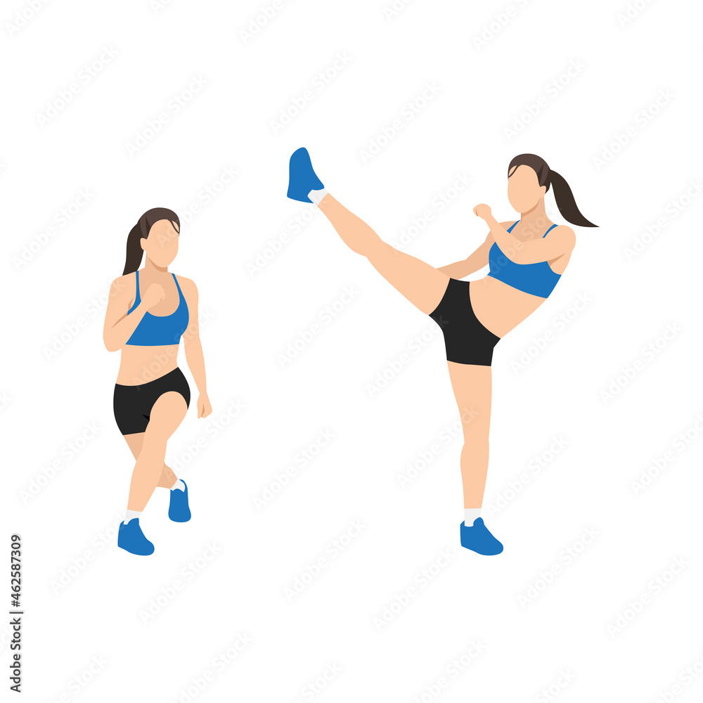 Woman doing Curtsy lunge side kick exercise. Flat vector illustration ...