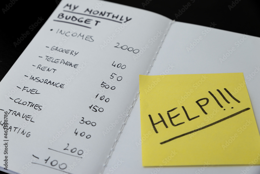 Blank notebook, with monthly budget and calculations, and card with ...