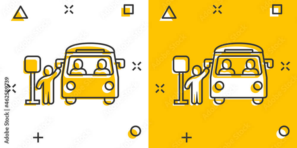 Bus station icon in comic style. Auto stop cartoon vector illustration ...