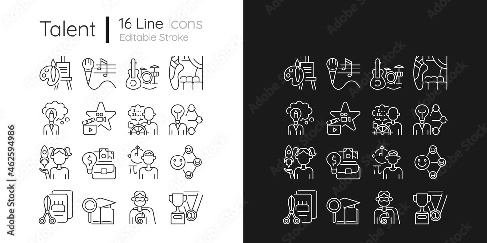 Talents and aptitudes linear icons set for dark and light mode ...