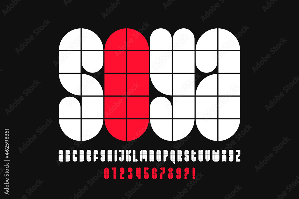Modular style font, alphabet letters and numbers, vector illustration ...