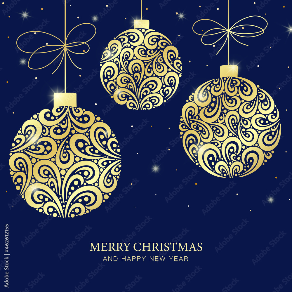 Merry Christmas navy background with golden Christmas balls, confetti ...