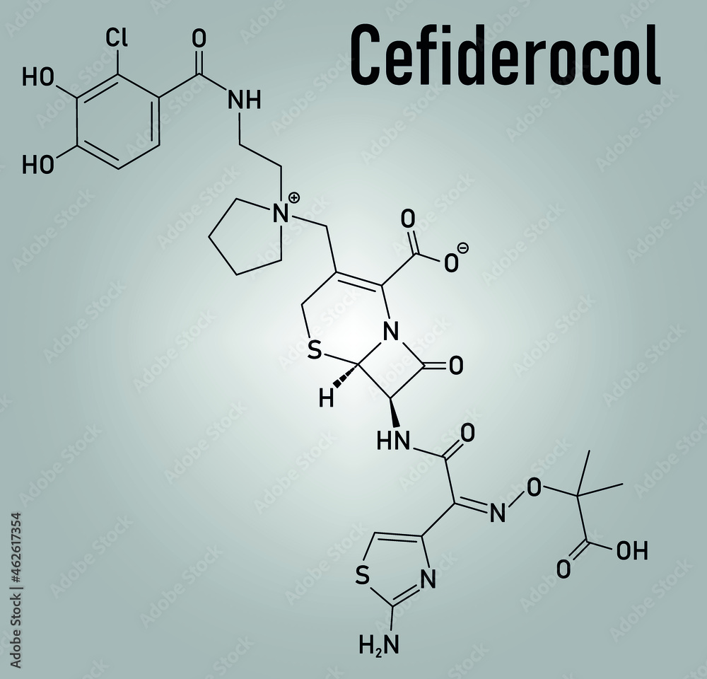 Cefiderocol antibiotic drug molecule (cephalosporin class). Skeletal ...