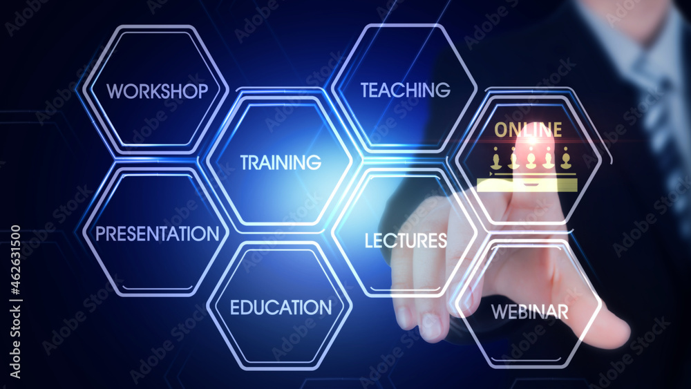 Online Concept Hexagonal virtual Touch Screen Concept with man touching ...