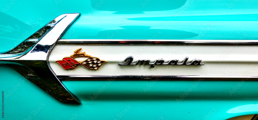 Impala lettering and logo with an antelope, two flags and an arrow on ...