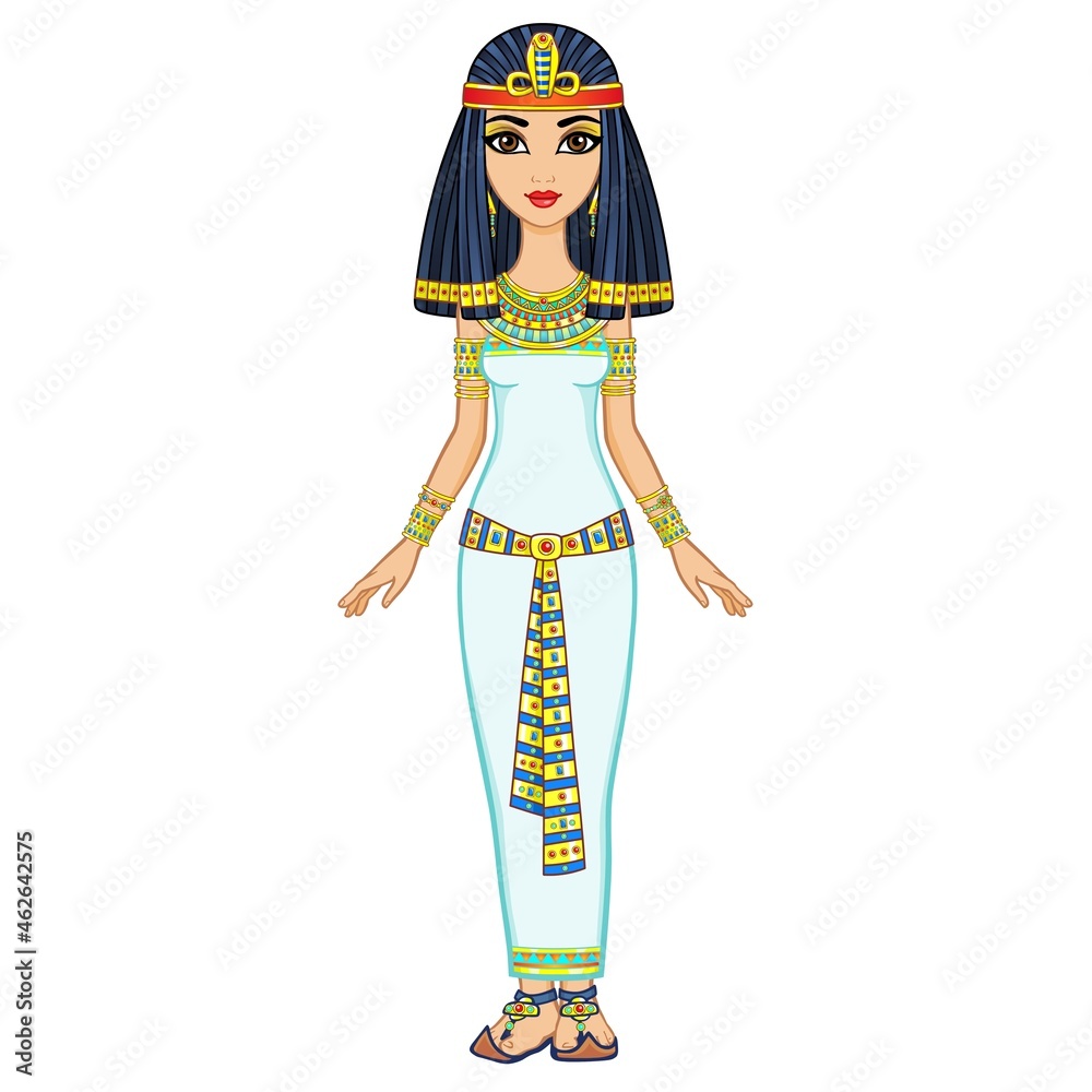 Animation Egyptian princess in ancient clothes and gold jewelry. Queen ...