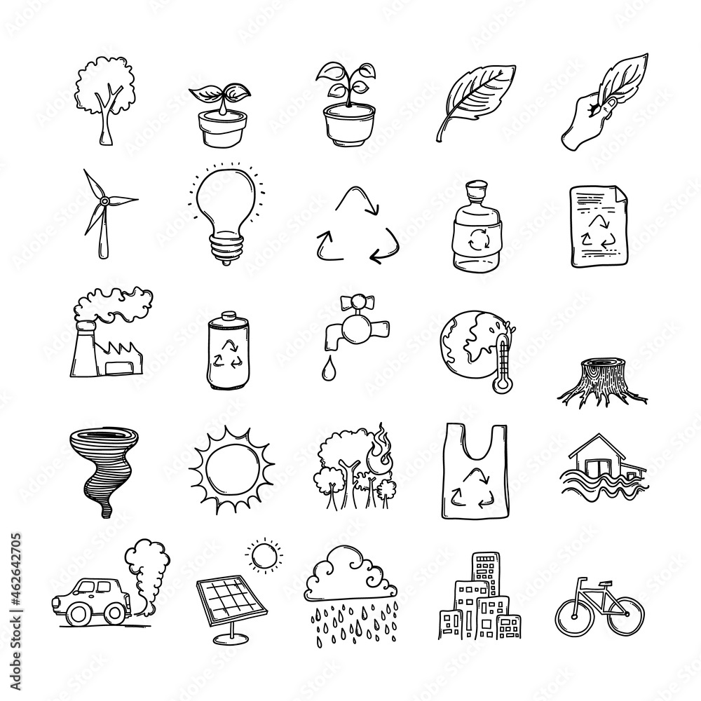 Climate change Doodle vector icon set. Drawing sketch illustration hand ...