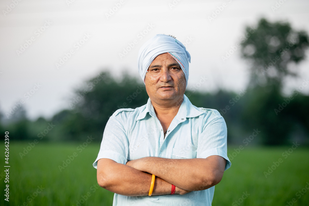 Happy Indian young man farmer standing in a field with hands crossed ...